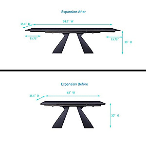 Expandable Dining Table for 6-10 Seat, Flexible Stretch, Tabletop Made from Rock Plate and Tempered Glass, Solid Carbon Steel Base, 35.4" D x 94.5" W x 30" H, Dark Grey