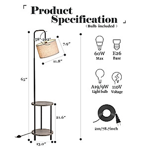 ELYONA Farmhouse Floor Lamp with Grey Desk Lamp, Bedside Table Lamp with Wireless Charging & USB Ports, Nightstand Lamp with Solid Wood Shelves,Standing Light for Bedroom, Living Room, Office