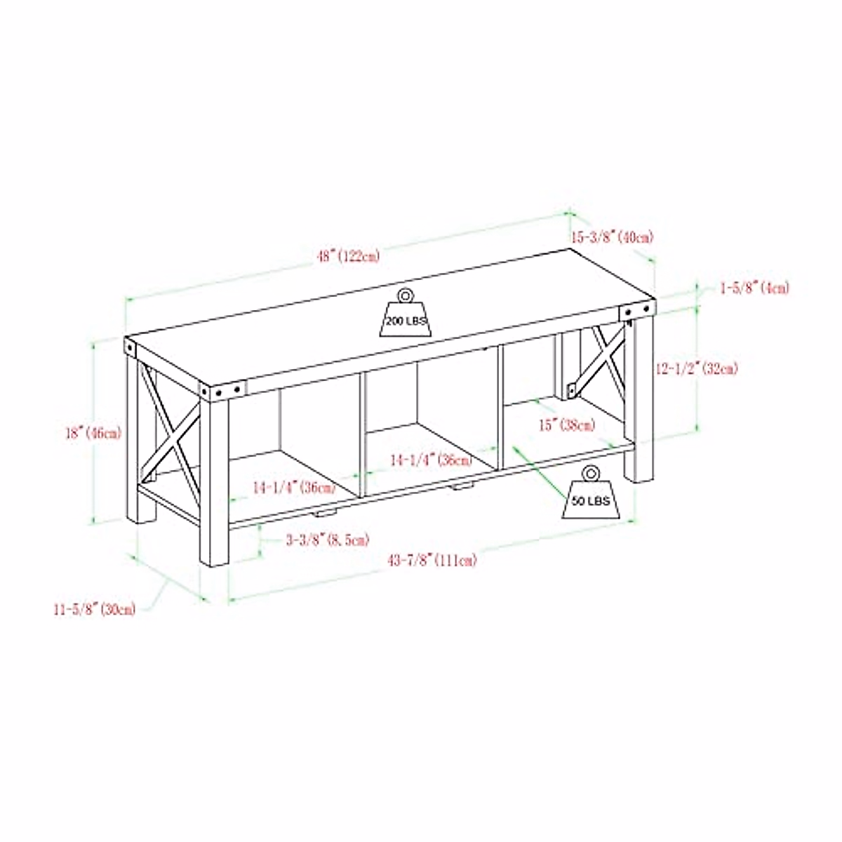 Walker Edison Sedalia Modern Farmhouse Metal X Entryway Bench, 48 Inch, Rustic Oak