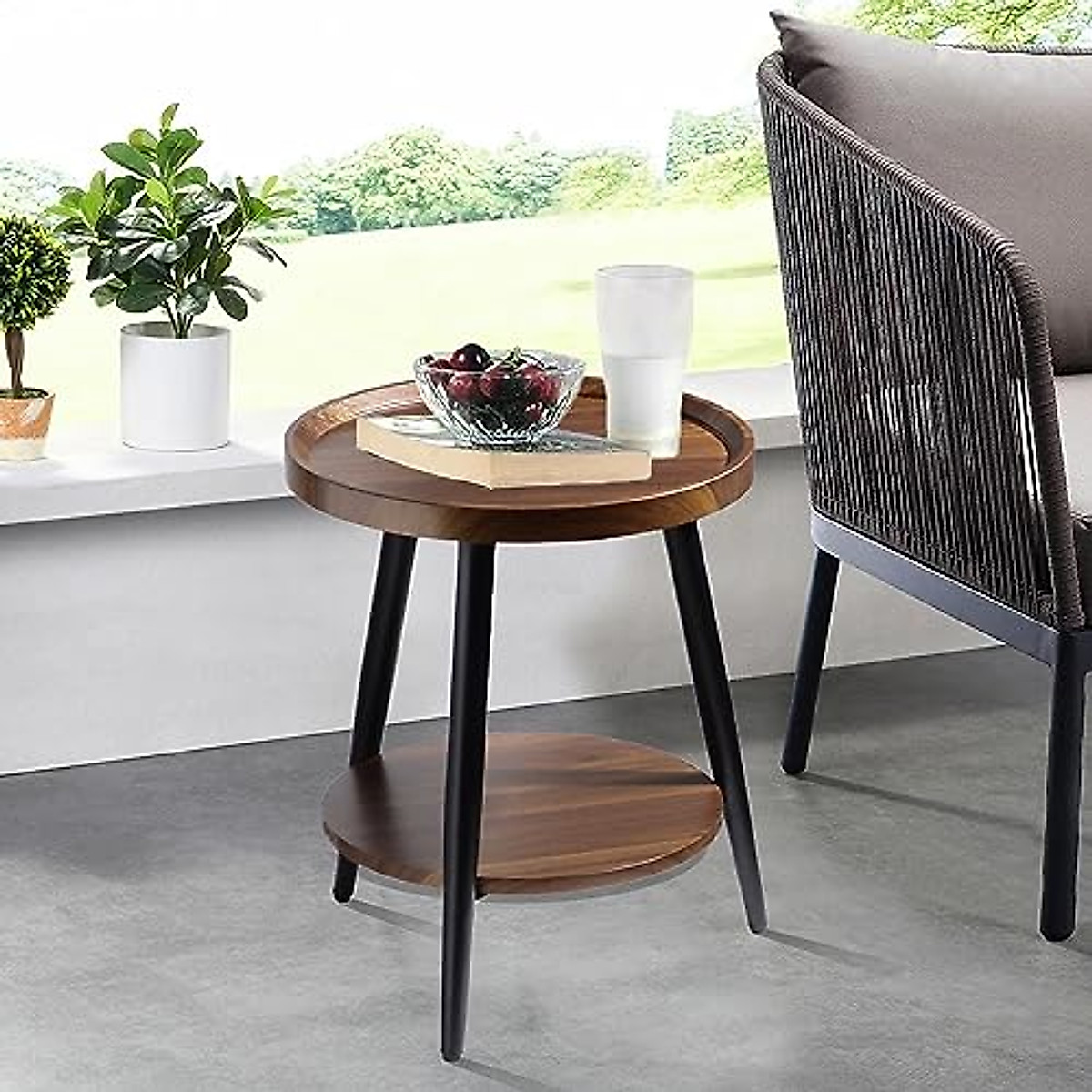 FANTERSI Small Round Side Table, 2-Tier Mid Century Modern Side Table, Round End Table Small Side Table for Living Room, Metal Frames, Brown