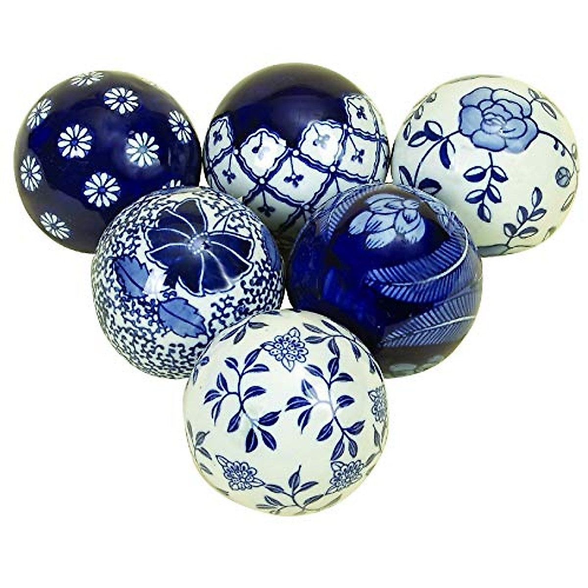 Enterprise Set of 6 Ceramic Blue Balls, 3 Inches, Blue and White Gloss Ceramic Bowl Filler and Accents