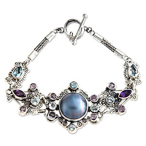 NOVICA Artisan Handcrafted Cultured Pearl Amethyst Flower Bracelet Sterling Silver Blue Topaz Mabe Purple White Pendant Indonesia Birthstone Balinese Traditional [7.5 in min L x 8 in max L x 0.1 in ]