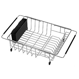 SANNO Large Expandable Dish Drying Rack, Large Dish Rack Adjustable Deep Dish Drainer with Removable Silverware Holder, Deep Large Dish Rack in Sink On Counter,Dish Drainers Stainless Steel