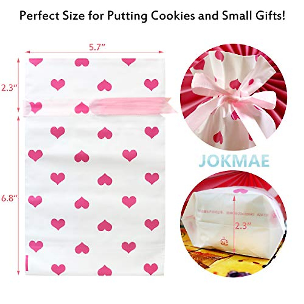 Valentines Day Treat Bags Candy Goodie Party Supplies - 50 Packs Pink Heart Drawstring Plastic Wrap, Chocolate Biscuit Cookie Cellophane Package, Gift Idea for Wedding Baby Shower Kids Girl Christmas