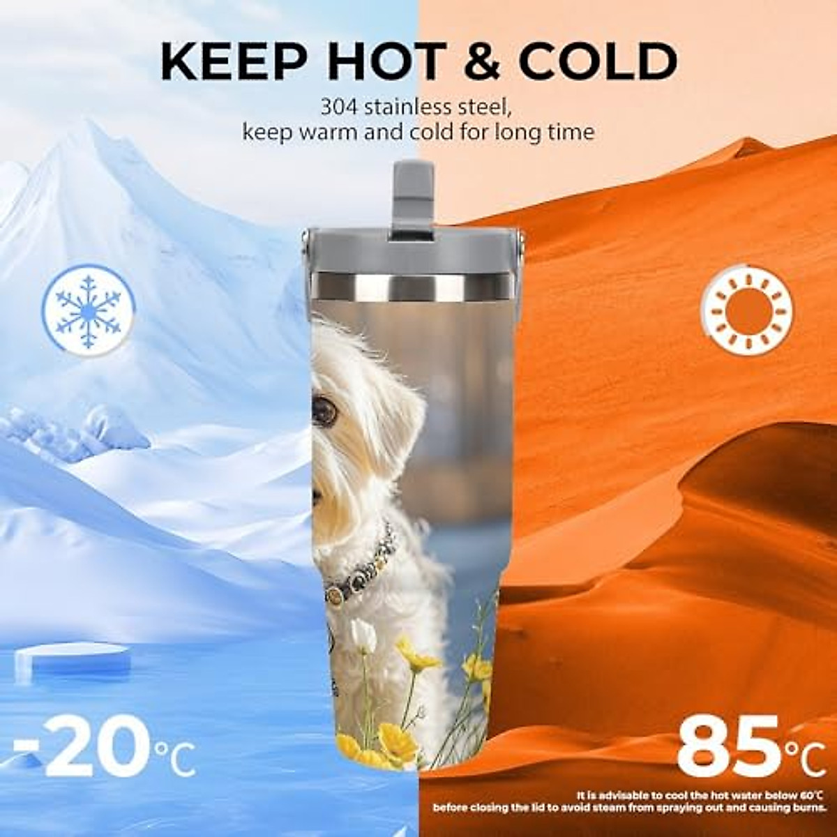 WITHSBKK 30oz Car Cup Maltese Dog Printed with Portable, Stainless Steel Travel Mug, Vacuum Insulated Tumbler And Straw, Leakproof for Car & Outdoor, UV Printed Design