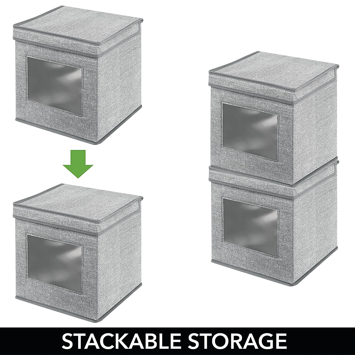 mDesign Fabric Stackable Square Cube Storage Organizer Box with Window/Attached Lid for Organizing Bedroom Closet - Holds Purses, Linens, Accessories - Lido Collection - 6 Pack - Gray