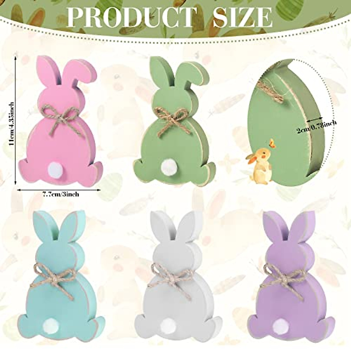 5 Pcs Easter Bunny Wooden Signs Bunny Decor Easter Tabletop Decor Rabbit Shape Table Sign with Jute Rope and Hairball Tail Freestanding Easter Table Decorations for Party (Purple, Pink, Blue, Green)