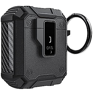 Jusy Military Case Compatible with Airpods 1&2, Rugged Protective Cover with Keychain Clip Accessories, Full Body Shockproof Heavy Duty Hard Skin Wireless Charging (Black)