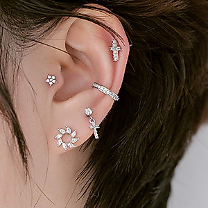 Tiny Dangle Heart Cross Flower 20g Ear Cartilage Helix Surgical Stainless Steel Cubic Zirconia Studs Earrings Screw Backs Ear Tragus Auricle Nose Lip Piercing Jewelry Gifts Bff Birthday (silver)