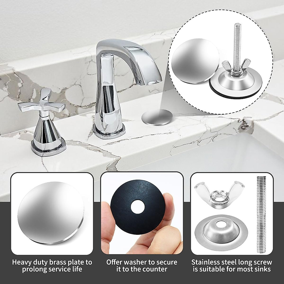 2 Inch Kitchen Sink Hole Covers, Faucet Hole Cover Stainless Steel Wash Basin Kitchen Sink Tap Hole Plate Stopper, Sealed Decoration Hole Cover (Silver)
