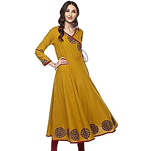 Yash Gallery Women's Cotton Slub Patch Work Angrakha Kurta (Yellow)