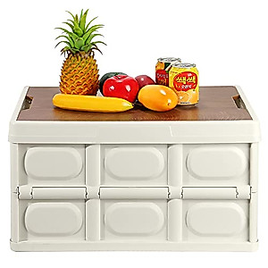 Folding Storage Bin with MDF Lid, 55L Storage Box Container Stackable Shelf Baskets Cloth Closet Car Organizers Outdoor Picnic Transport Box Toy Clothes Books Holder Plastic Collapsible Tote Crate