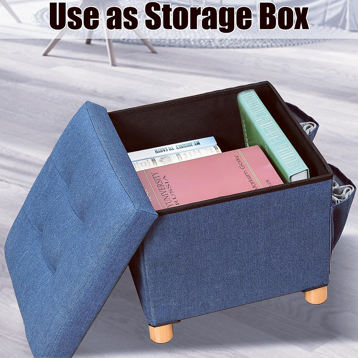 Wamnexti Denim Storage Ottoman Cube with Side Pouch, Foldable Tufted Denim Foot Rest Stool/Seat with Legs, Coffee Table Multipurpose Sofa for Living Room, Bedroom (Navy, 15'')