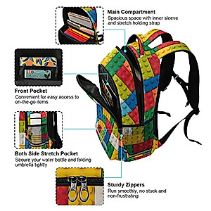 Colorful Building Blocks School Backpacks with Chest Strap for Teens Boys Girls,Lightweight Student Bookbags 17 Inch, Funny Toy Casual Daypack Schoolbags