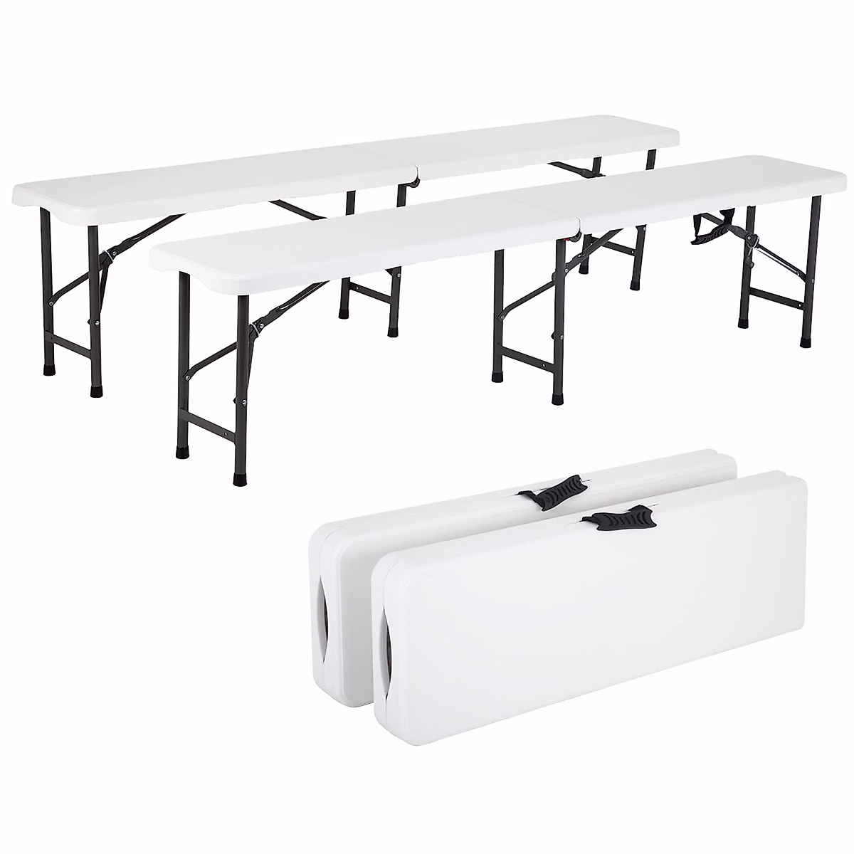 FDW 6FT Bench Chair Plastic Folding Bench Plastic Portable Outdoor Bench Garden Bench with Carrying Handle and Lock for Camping Picnic Party Dining 2 Pack White