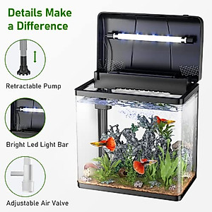 PONDON Fish Tank, 3 Gallon Glass Aquarium with Air Pump, LED Cool Lights and Filter, Small Fish Tank for Betta Fish Starter Kit (Black)