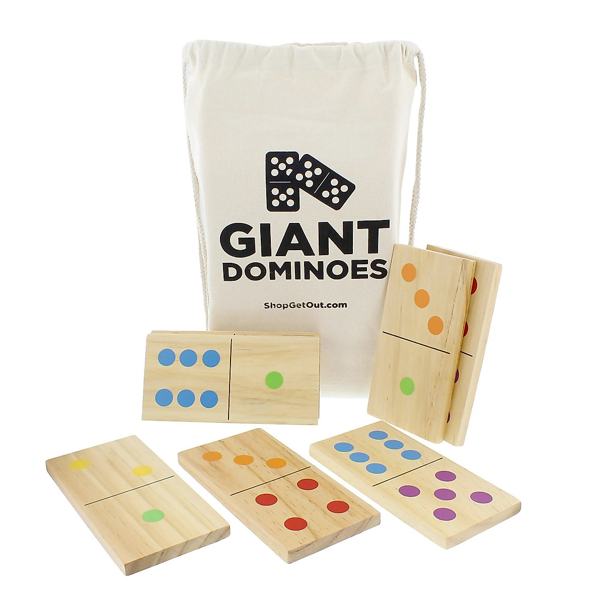Get Out! Giant Wooden Dominoes 28-Piece Set with Bag – Jumbo Natural Wood & Black Numbers – Kids Adults Outdoor Games