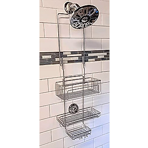 Gecko-Loc Extra Long Hanging Shower Caddy Bundle including 2 Hanger Extensions and 2 Extra Suction Cups -Silver