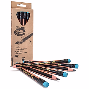 Koala Tools | Bear Claw Pencils (pack of 6) - Fat, Thick, Strong, Triangular Grip, Graphite, 2B Lead with Eraser - Suitable for Kids, Art, Drawing, Drafting, Sketching & Shading