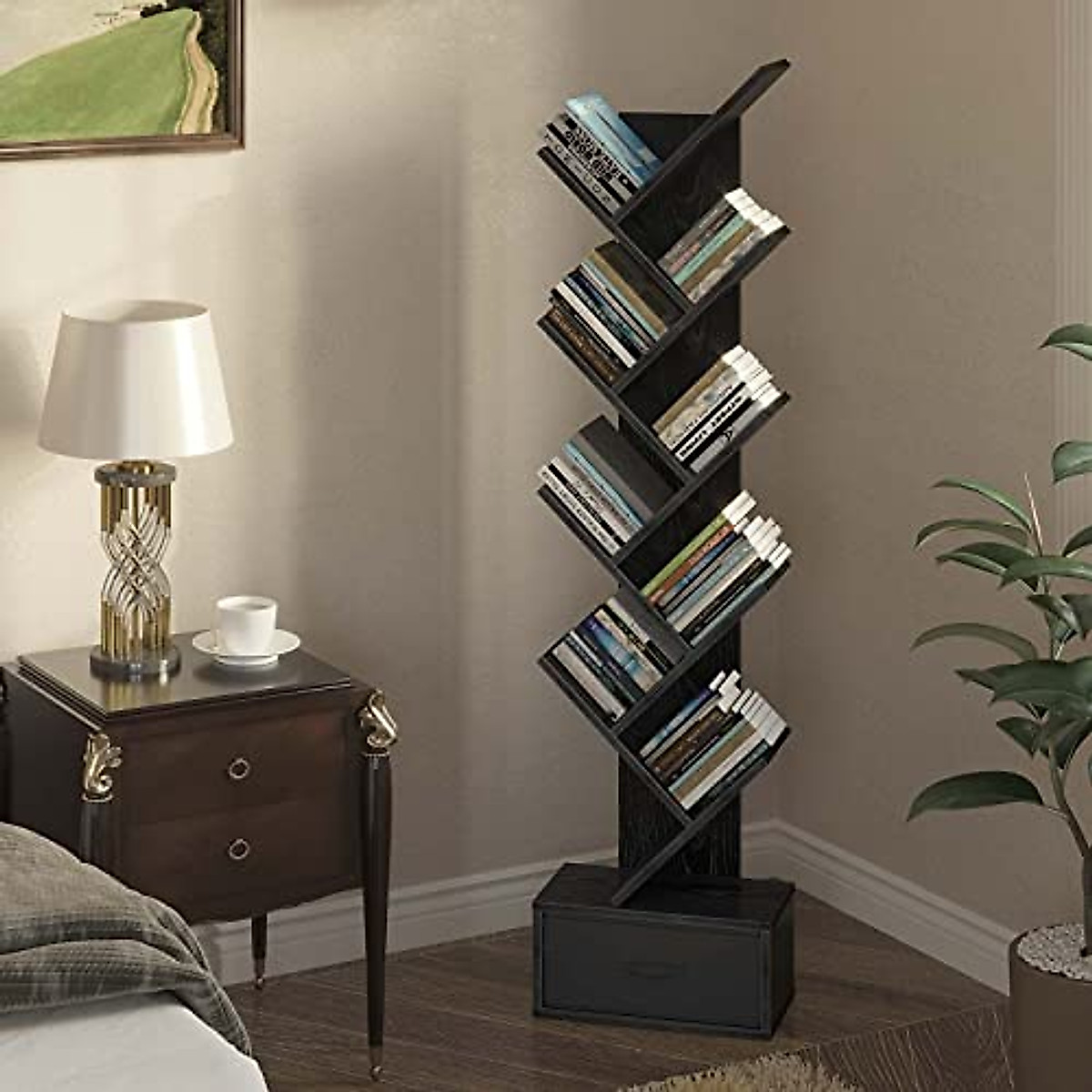 Rolanstar Bookshelf with Drawer,9 Shelf Tree Bookshelf,Retro Bookcase,Wooden Storage Rack for CDs/Movies/Books, Utility Organizer Shelves for Bedroom, Living Room, Home Office