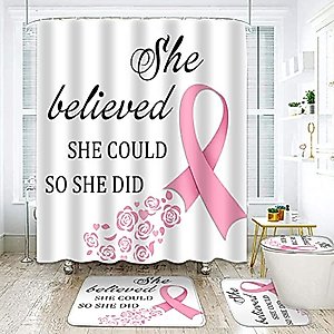 EARVO 4PCS Pink Ribbon Shower Curtain Sets with Non-Slip Rugs Bath U-Shaped Mat Toilet Lid Cover Breast Cancer Awareness Bathroom Decor Set Accessories with 12 Hooks 71x72 in SETMYEA78