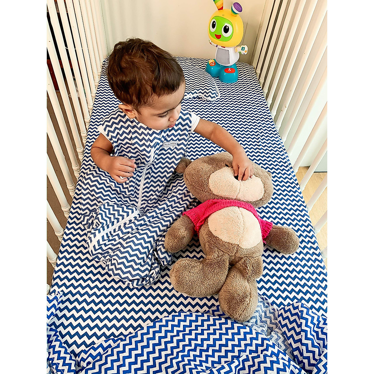 BaeBae Goods Fitted Baby Crib Sheets for Boys and Girls, 3 Pack, Soft and Breathable Jersey Cotton, White and Navy, Cute Gender Neutral Nursery Mattress Bedding, Universal Fit