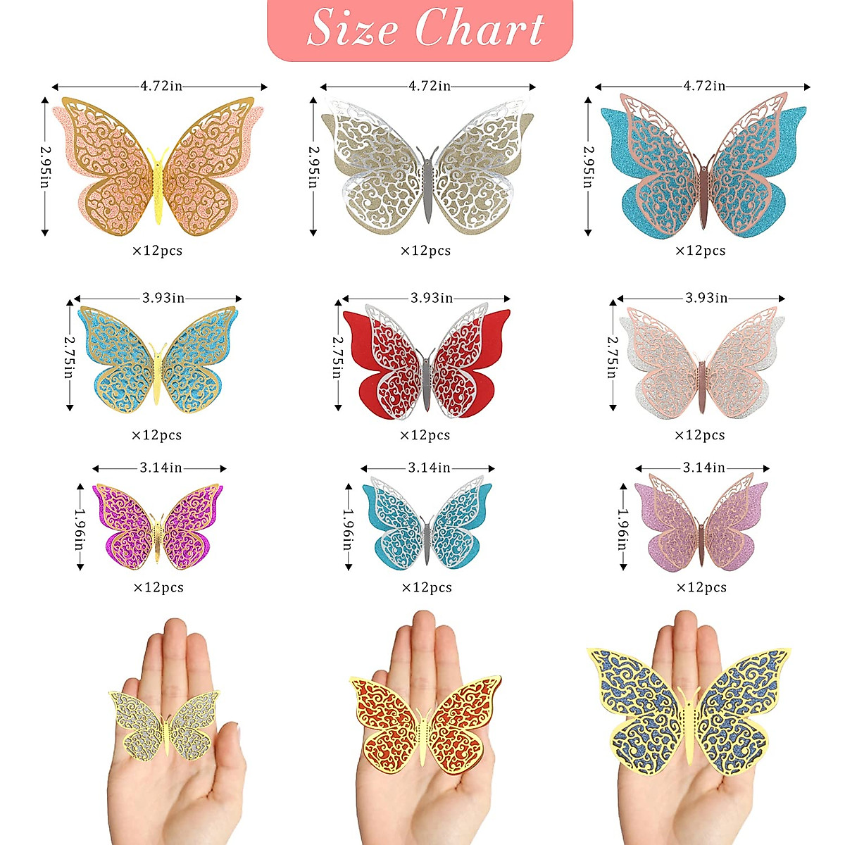 LOMIMOS 36Pcs 3D Gold Butterfly Wall Decor,3 Sizes,Wall Cake Sticker Decal for Party Room Classroom Wedding Gift DIY