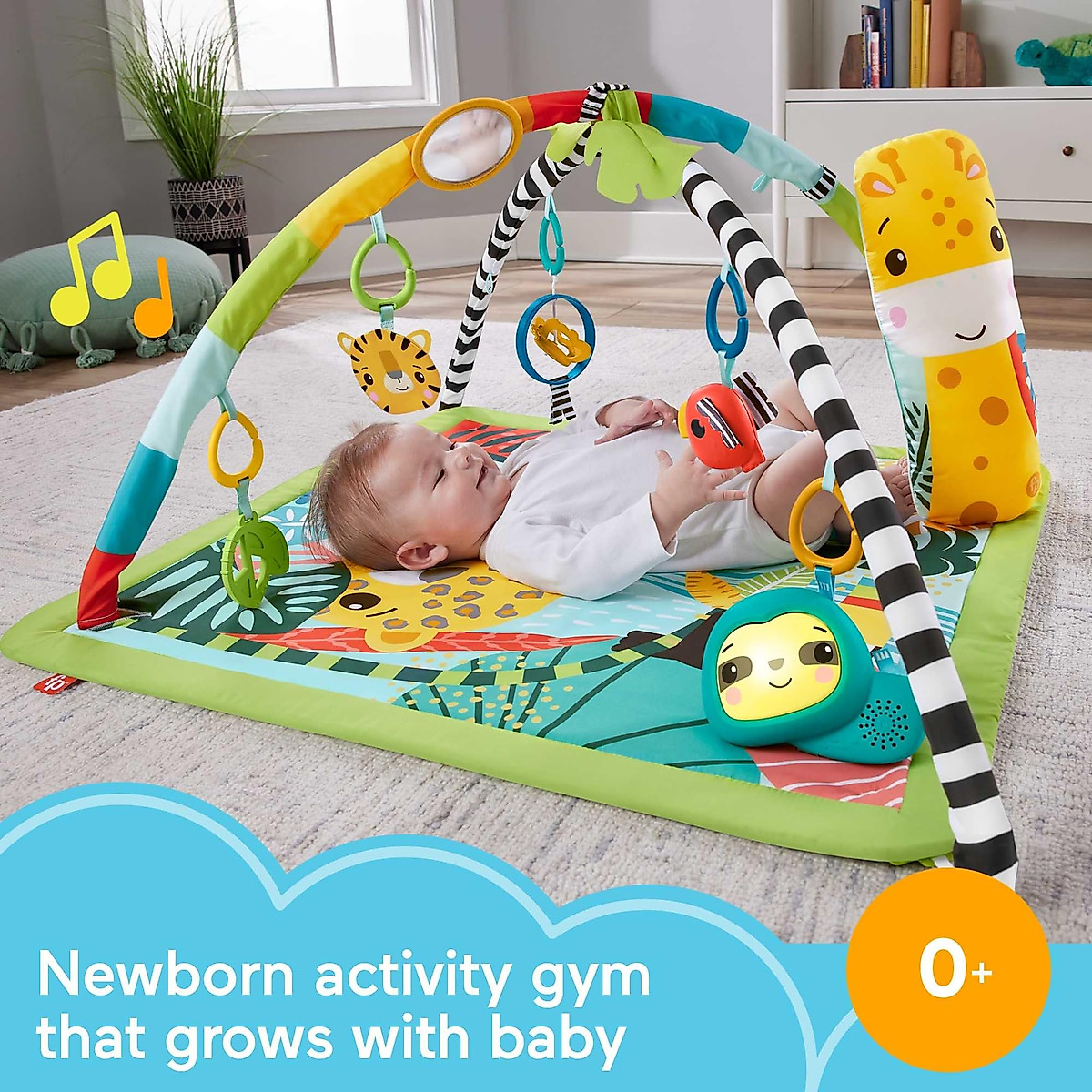 Fisher-Price Baby Playmat 3-in-1 Rainforest Sensory Gym with Music & Lights, Tummy Wedge & 5 Developmental Toys for Newborns 0+ Months