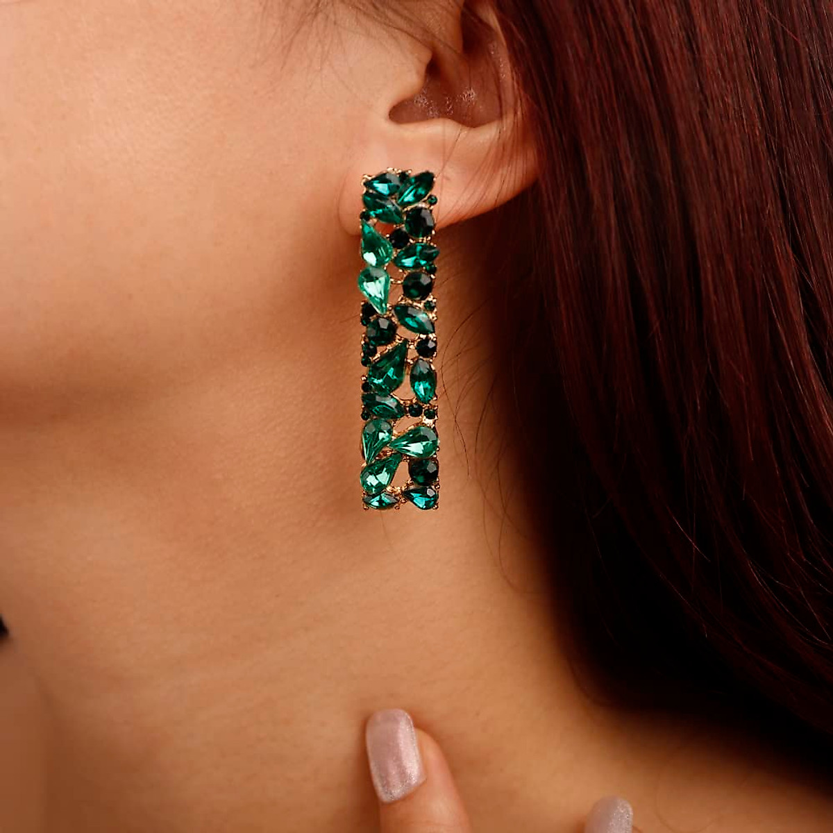 Denifery Square Dangle Earrings Sparkly Crystal Geometric Drop Statement Earrings Rhinestone Stud Earrngs for Women and Girls (Green)