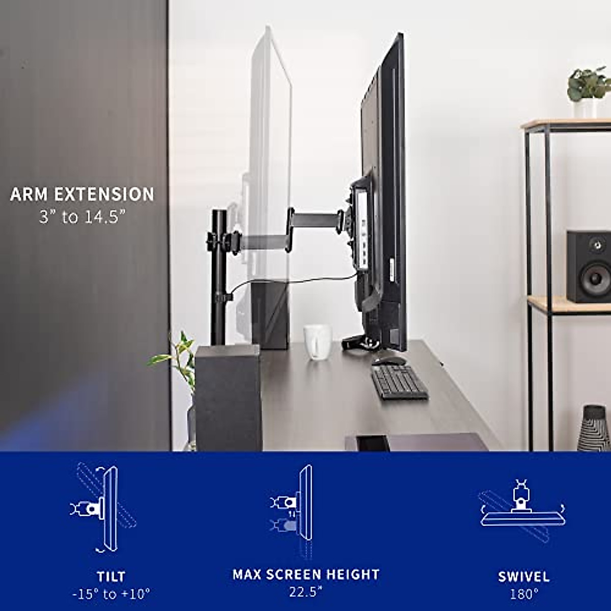 VIVO Ultra Wide Screen TV Desk Mount for up to 55 inch Screens, Full Motion Height Adjustable Single Television Stand with Articulating Arm, VESA 75x75mm to 400x400mm, Black, STAND-V155M