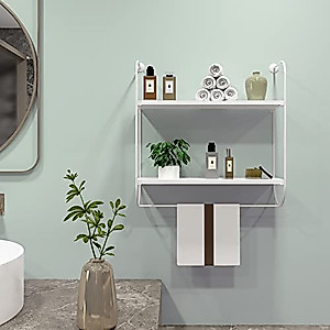 WELLAND 2-Tier Wall Mounted Bathroom Shelf with Towel Rack, 17" White Floating Shelves Towel Shelves Over Toilet Storage Shelving for Bathroom, Living Room, Kitchen