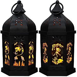 Reperla Festive Lanterns, 7.8" Halloween Decorations Lights with Patterns,Black Flame Effect LED Candle Lantern Kids Gifts for Home,Table,Tree,Activities,Party,Porch (Set of 2)