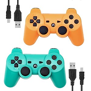 Rzzhgzq 2 Pack PS3 Wireless Controller Playstation 3 Controller Wireless Bluetooth Gamepad with USB Charger Cable for PS3 Console (GRN+ORG)