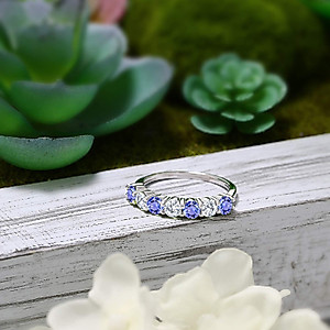 Gem Stone King 925 Sterling Silver Gemstone Birthstone and White Moissanite Wedding Band Engagement Anniversary Ring | Round 3.5MM | 7 Stone Promise Ring For Women