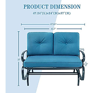 Crownland Outdoor Patio Glider Chair Porch Furniture Loveseat Seating, Wrought Iron Look Rocking Bench for Outside with Cushion(Peacock Blue)
