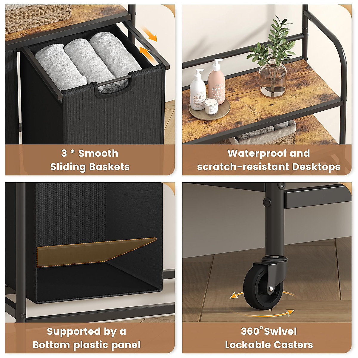 kepptory Laundry Basket 3 Section, 3 × 11.5 Gal (47L), Laundry Hamper Laundry Sorter 3 Section with Shelves and Clothes Hanging Bar, Rolling 3 Compartment Laundry Hamper for Laundry Bathroom Bedroom