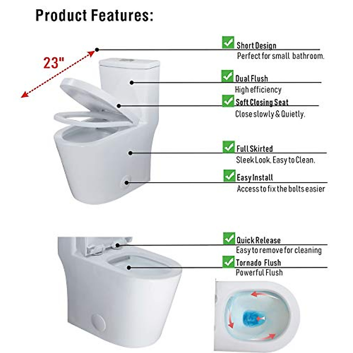 WinZo WZ5089 Compact Round One Piece Toilet 23" Depth,Dual Flush For Small Modern Bathroom 12" Rough-in White