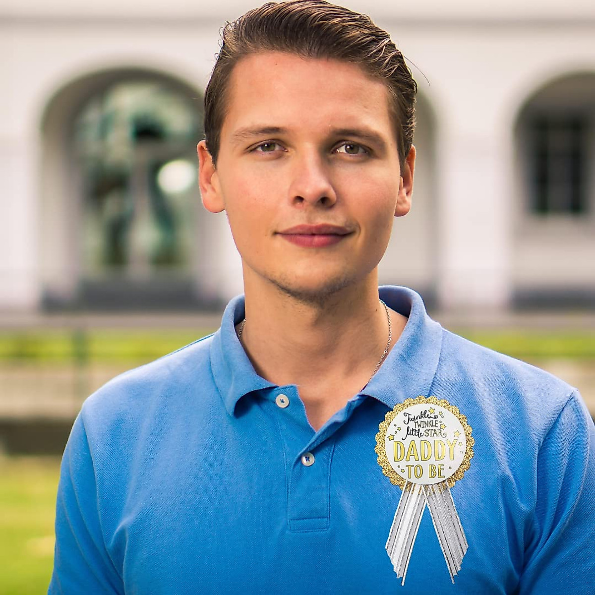 Amy's Bubbling Boutique Twinkle Little Star Baby Shower Mommy Sash & Daddy to Be Pin White & Gold Gift Set