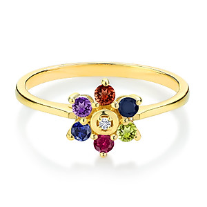 Gem Stone King 10K Yellow Gold Customized and Personalized 7-Stone Round Gemstone Birthstone and White Diamond Flower Ring For Women (Size 6)