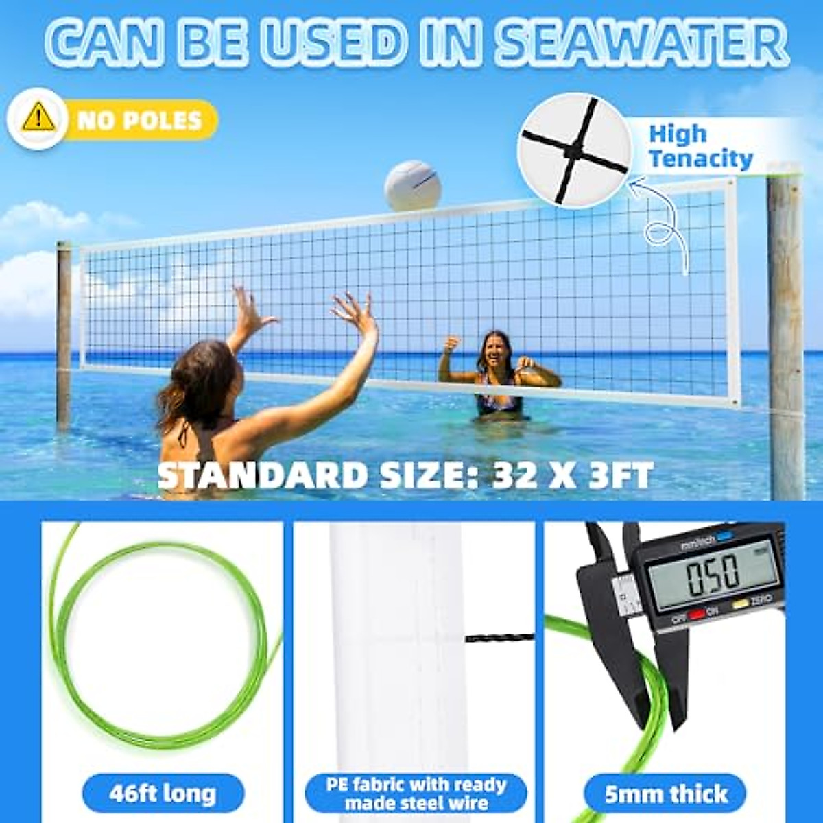Professional Volleyball Net,Pool Volleyball Net with Aircraft Wire Rope, 32 FT x 3 FT, for Indoor and Outdoor (No Poles)