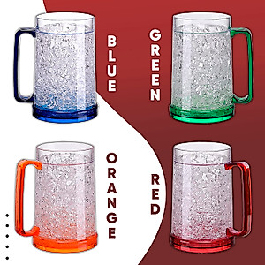 Beer Mugs with Gel Freezer 16 oz, Double Walled Beer Mugs with Handles, Color Handles Set Of 4
