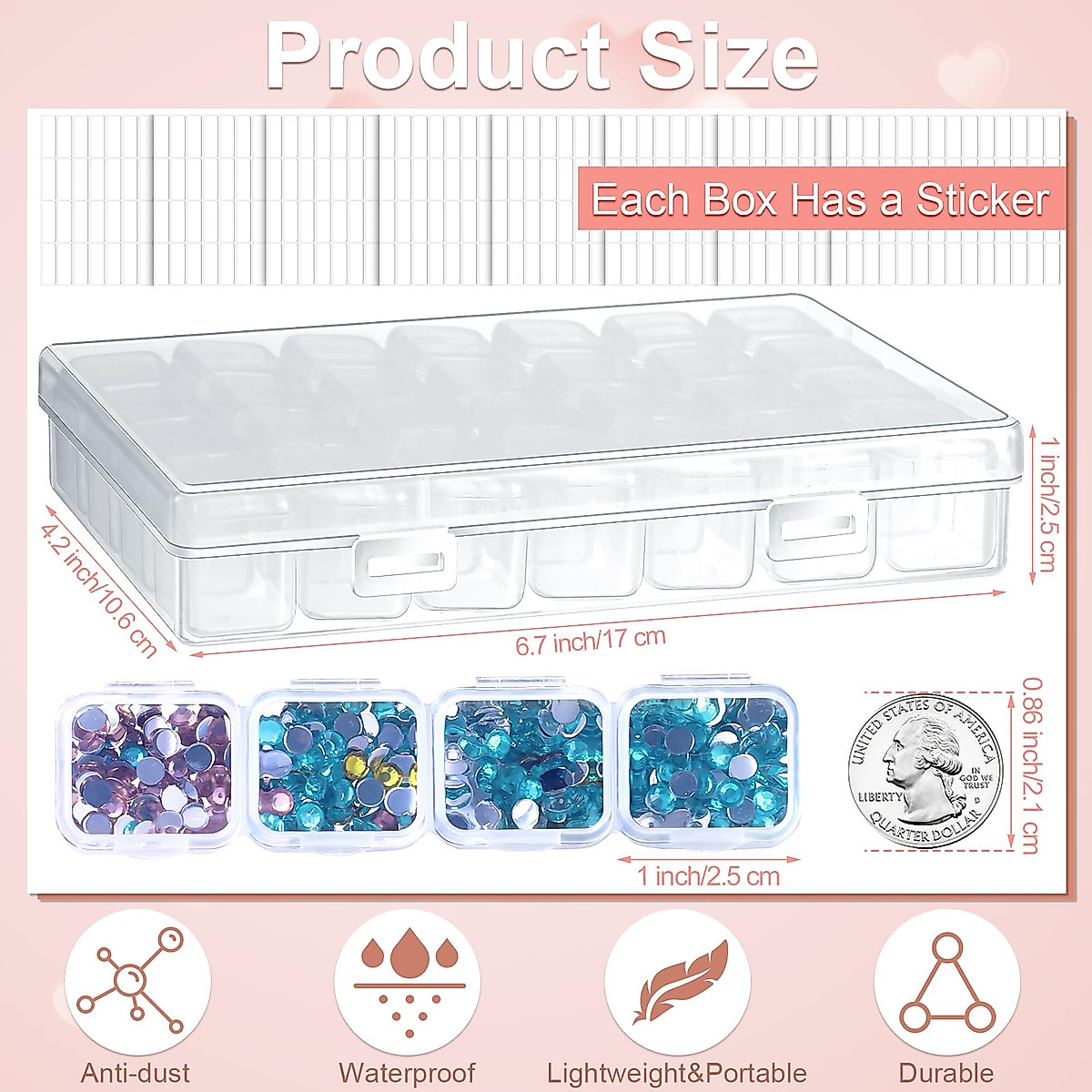 Ripeng 24 Pack 672 Slots Diamond Painting Storage Containers Bulk, 28 Grids Bead Organizer Box Diamond Painting Accessories Boxes Diamond Art Embroidery Storage with 960 Label Stickers