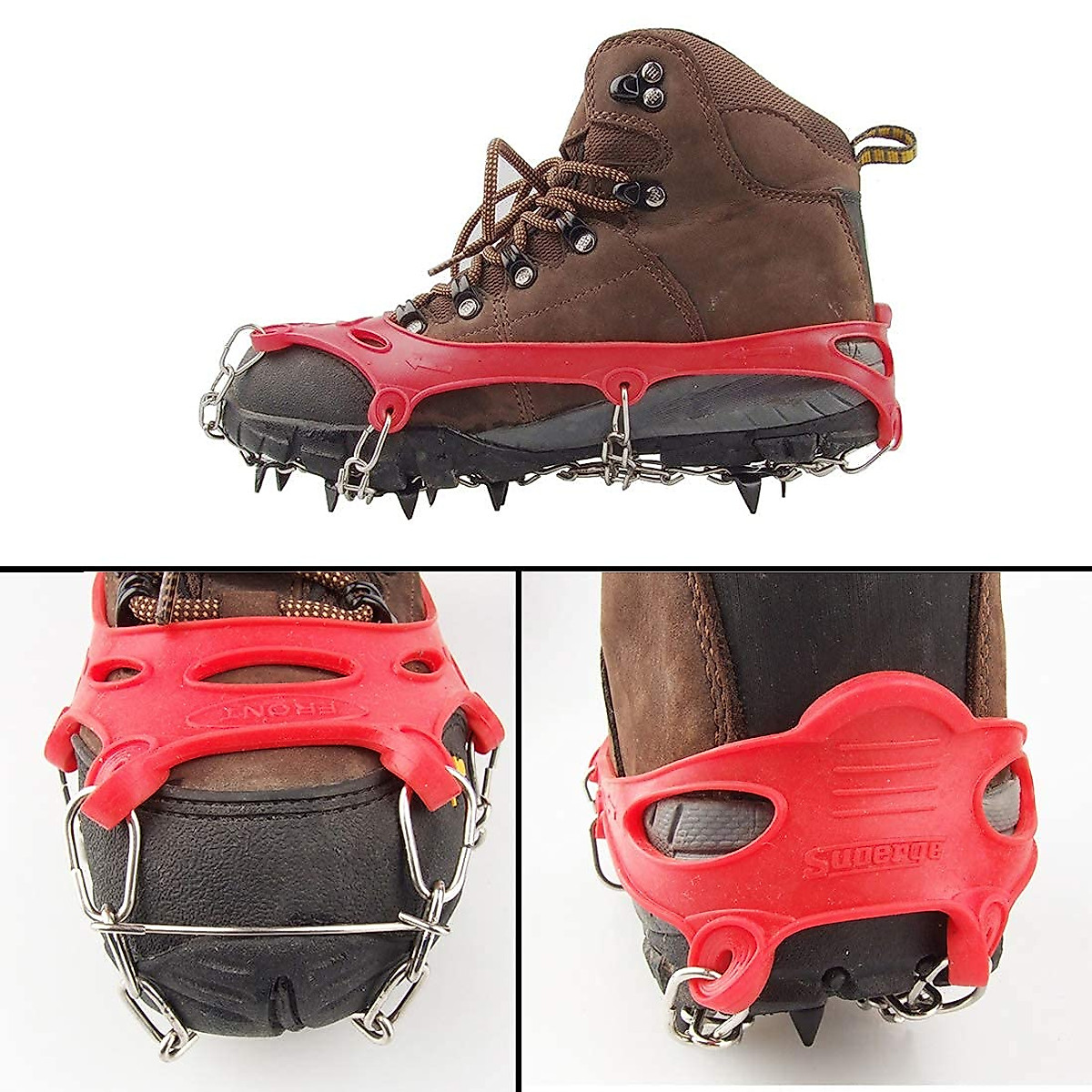 LINXGR 11-Spikes Kids Crampons Teens Ice Cleats for Shoes and Hiking Boots 11 Teeth Anti Slip Crampons Small for Camping Hiking Walking Shoes, Teens (Red, Large for Big Kids/Teenagers)