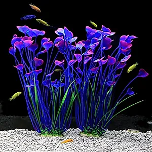 KHGYY Plastic Plants for Aquarium,Tall Artificial Plants for Fish Tank Decor 15.6 Inch (2 Pcs) (Purple)
