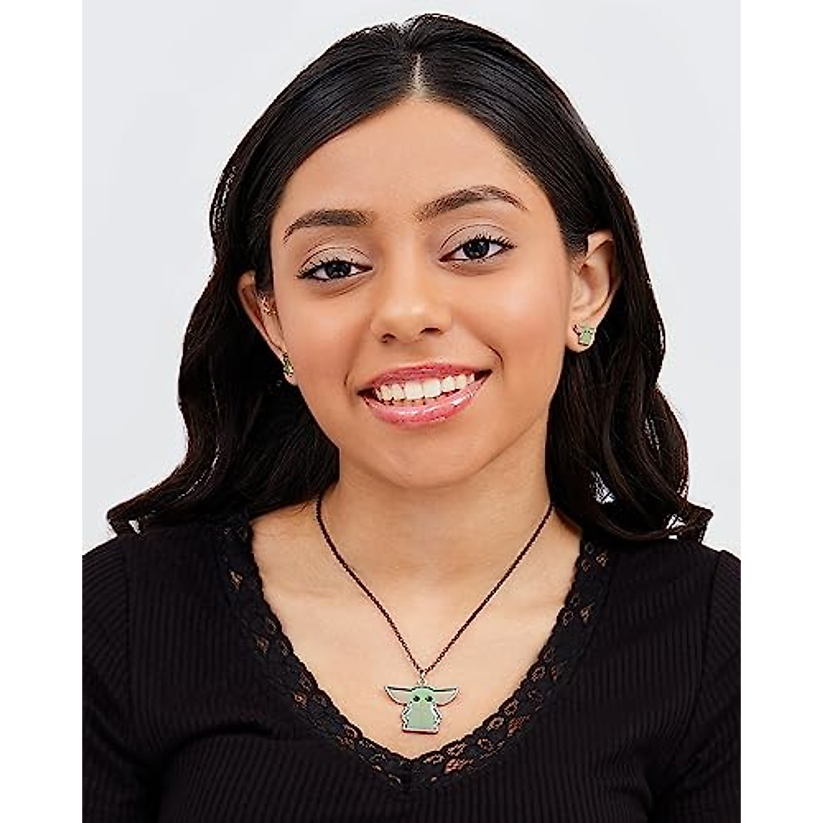 Disney Star Wars The Mandalorian Grogu Fashion Stud Earrings and Necklace Set, Officially Licensed