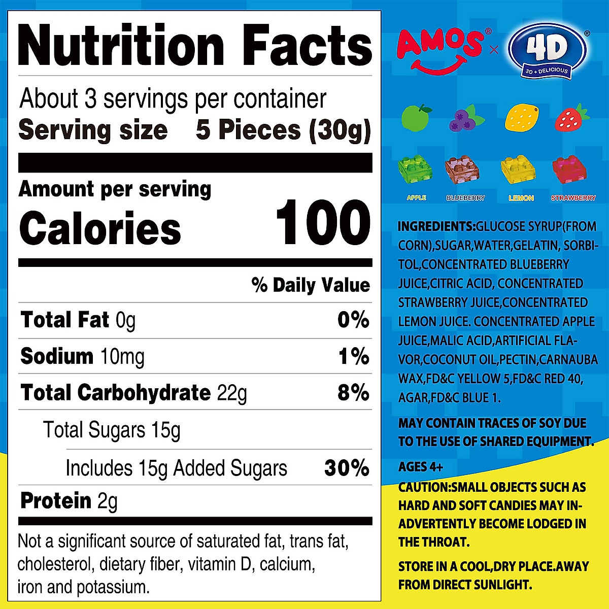 AMOS 4D Gummy Blocks Candy Bricks, Edible Building Block Gummies for Kid's Lego Theme Party, Funny Cupcake Topper Decoration, Resealable 3.53oz Bag (Pack of 3)