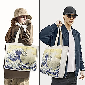 Reusable canvas shopping bag - with Coin Purse, Canvas Shopping Bag with Handle, Organic Cotton Shopping Bag, Heavy Duty Machine Washable Cloth Tote Bag, Japanese Culture Style Printed Pattern (D)