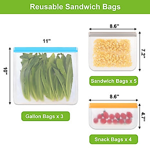 Moretoes Reusable Bags, 12 Pack Food Storage Bags Silicone Bags Reusable Storage, 3 Gallon Bags, 5 Reusable Sandwich Bags, 4 Snack Bags