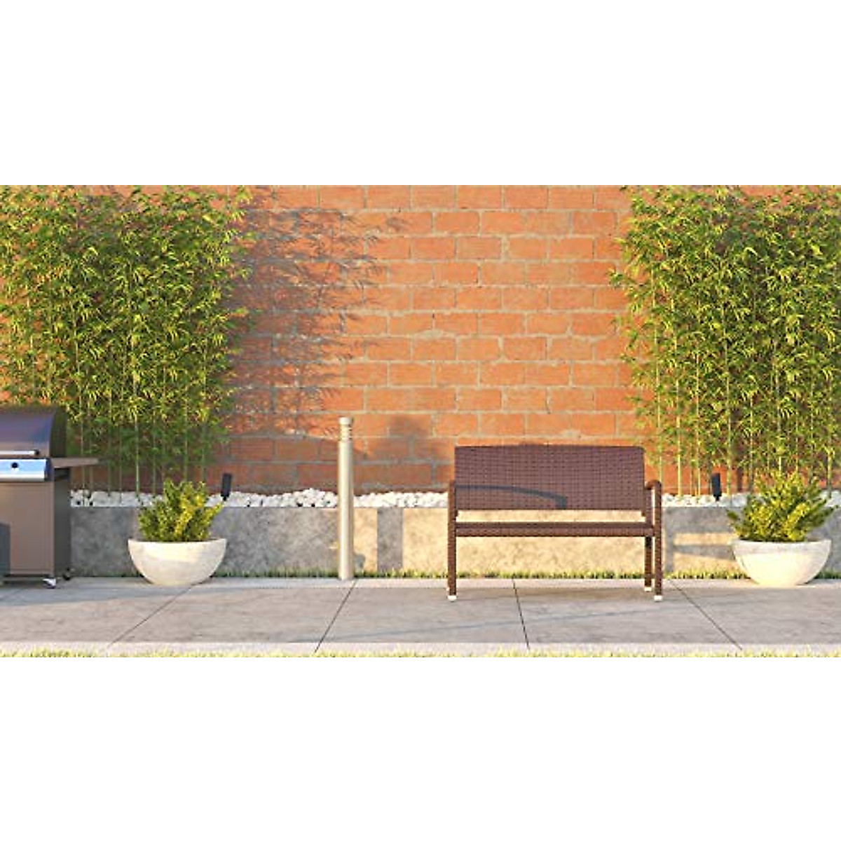 Patio Sense 63363 Miles Patio PU Wicker Steel Frame All Weather Bench Attractive Woven Design Easy Assembly Lightweight Year Round Accent Patio Porch Lawn Garden Setting - Mocha
