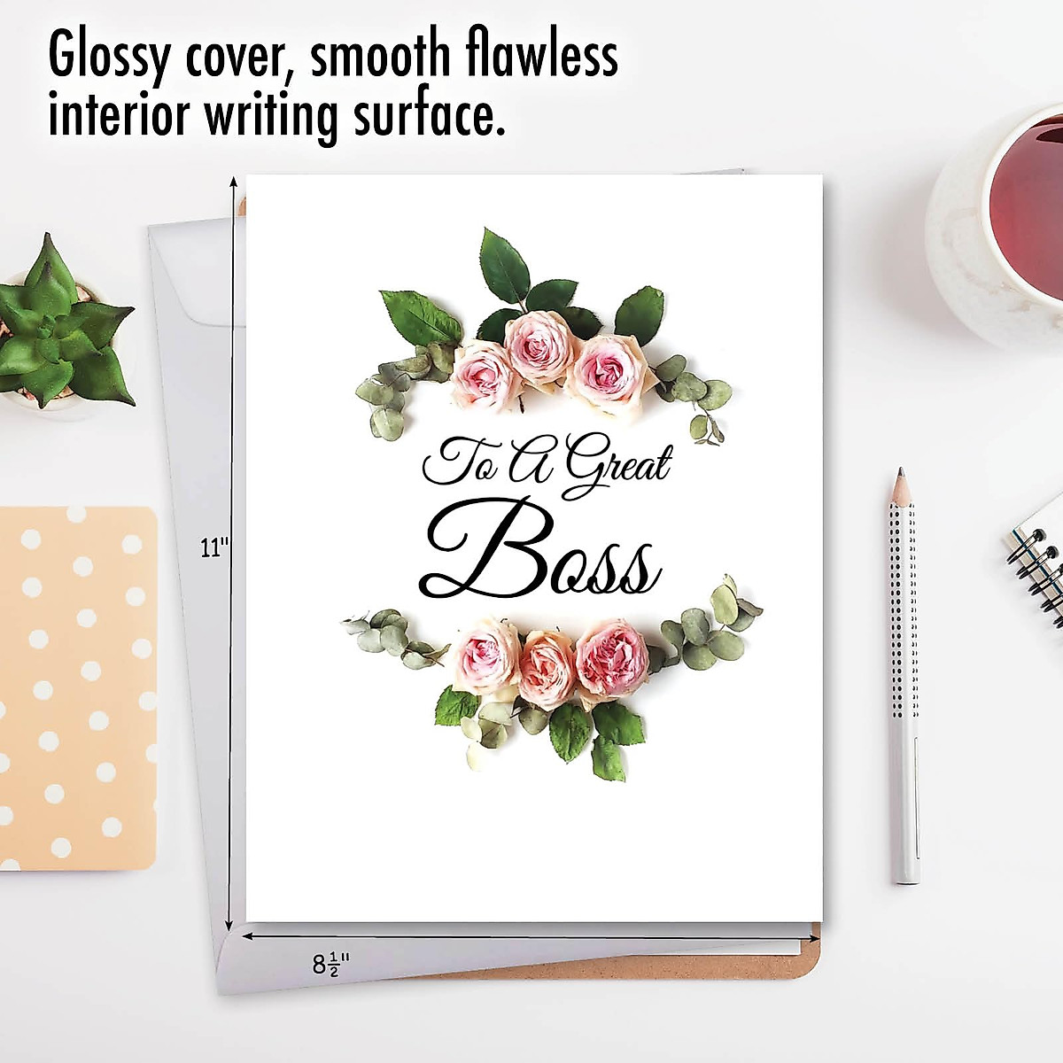 The Best Card Company Jumbo Boss's Day Greeting Card From Us 8.5 x 11 Inch with Envelope (1 Pack) Oversize Jumbo Co-Worker Elegant flowers J4175ABOG-US